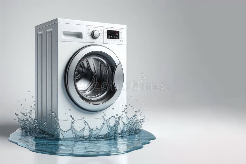 Washing Machine Standing in a Puddle of Water. Space for Text. Stock ...