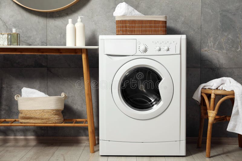 Washing Machine, Storage Bench and Chair Indoors Stock Image - Image of ...