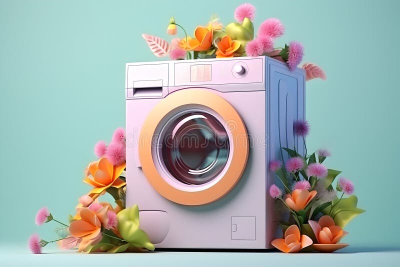 Washing Machine Surrounded by Flowers with Fresh Scent. Ecological ...