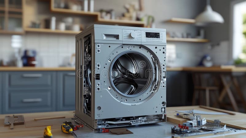A Partially Disassembled Washing Machine on a Wooden Workbench in a ...