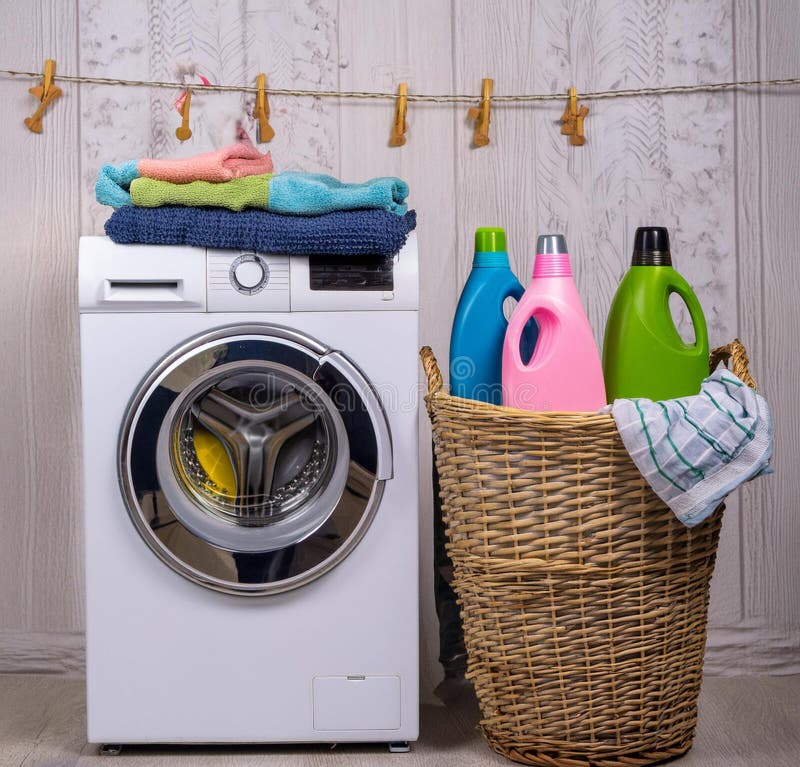 A Washing Machine with Three Bottles of Detergent Stock Illustration ...