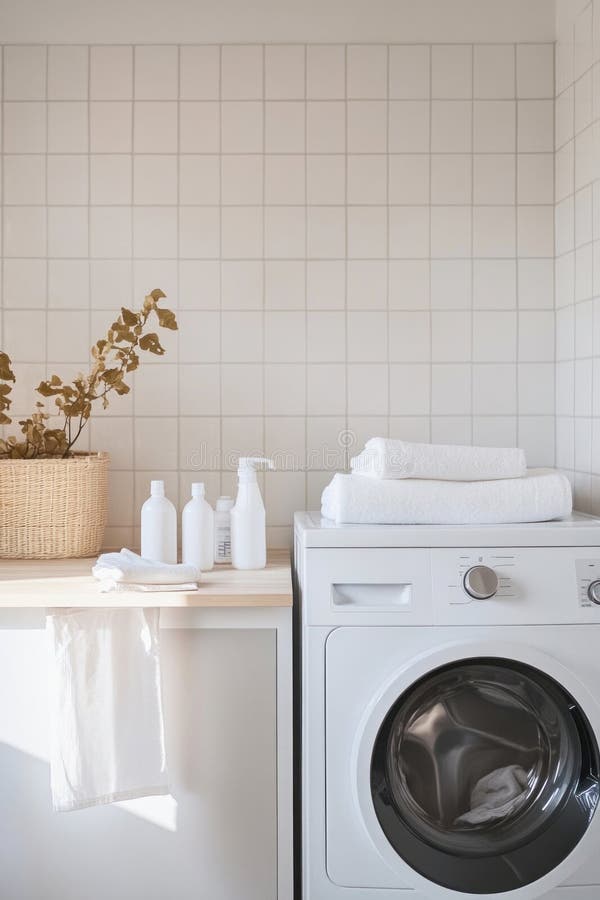 Washing Machines and Detergents in Bright Laundry Room Stock Image ...