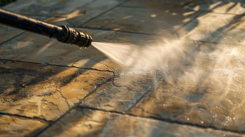 Washing Outdoor Tiles with Water Using a High Pressure Washer. Stock ...