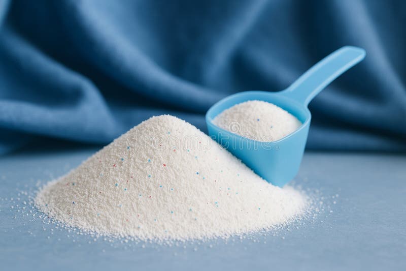 Washing Powder in Blue Scoop with Mound of Detergent on Soft Backdrop ...