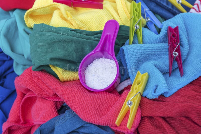 Washing Powder and a Pile of Dirty Laundry. Stock Image - Image of pile ...