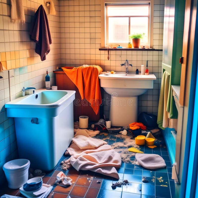 Washing Room Interior with Scattered Items. Stock Illustration ...