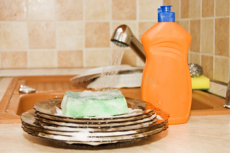 Washing Up Liquid with a Sponge on Kitchen Stock Photo - Image of ...
