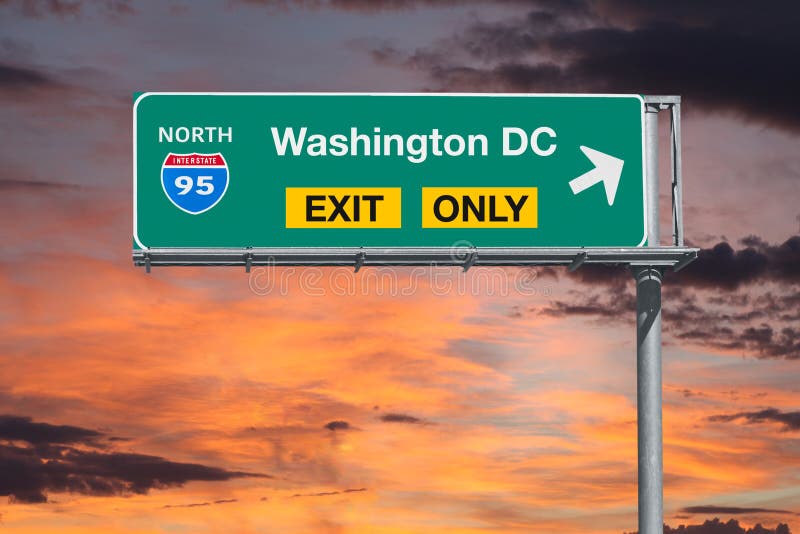 Washington DC Exit only Freeway Sign with Sunrise Sky Stock Image ...