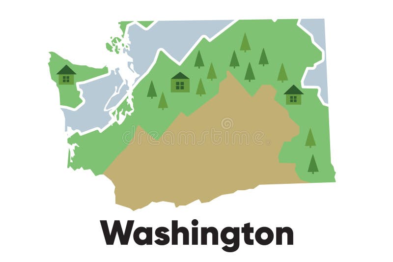 Washington Map Shape of States Cartoon Style with Forest Tree and River ...