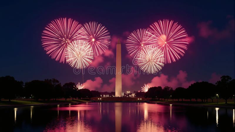 Washington Monument with Fireworks Display at Night Stock Illustration ...