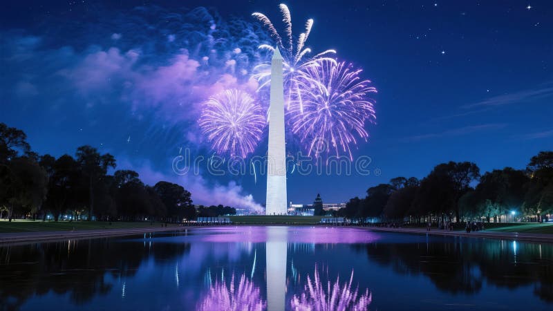 Washington Monument Fireworks Reflecting in the Pool at Night ...
