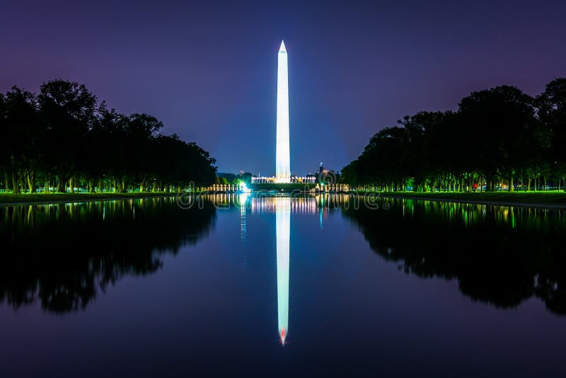The Washington Monument Reflecting in the Reflection Pool at Night at ...