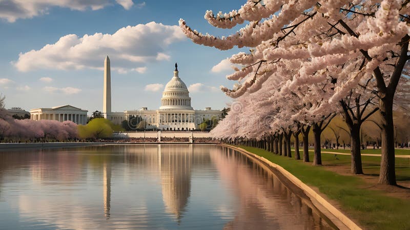 Washington Monuments Cherry Blossoms Springtime Scene Stock ...