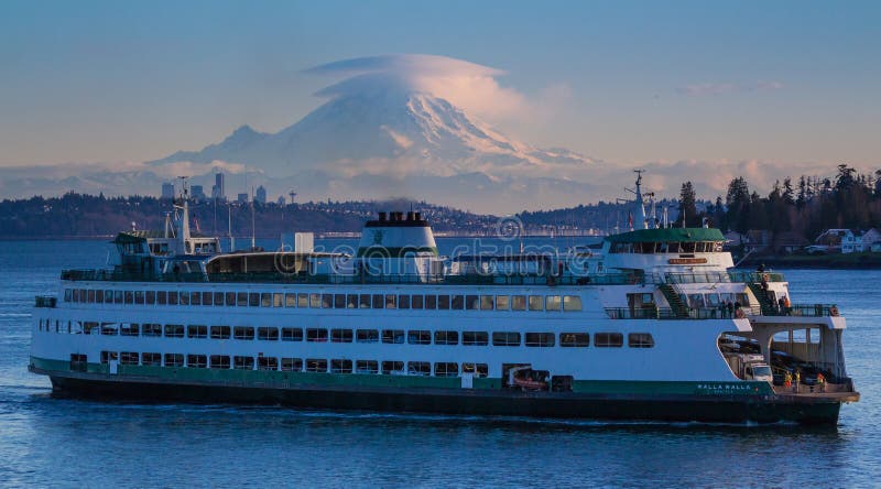Washington State Ferry with Seattle and Mt. Rainier Stock Image - Image ...