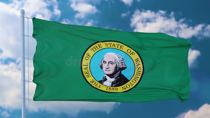 Washington State Flag on a Flagpole Waving in the Wind, Blue Sky ...