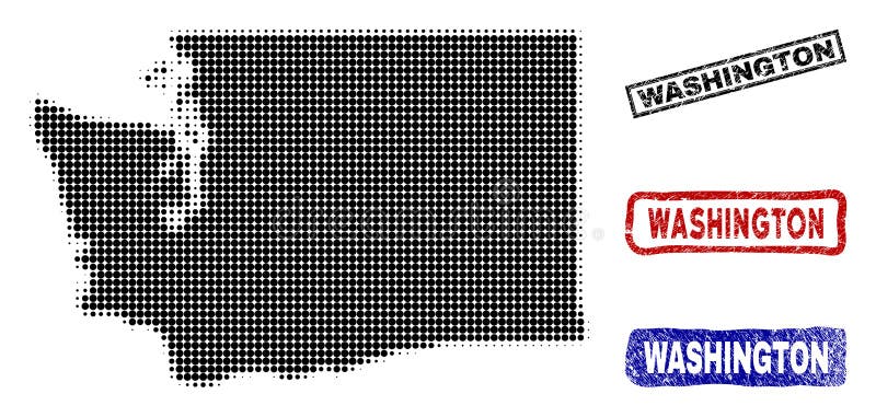 Washington State Map in Halftone Dot Style with Grunge Caption Stamps ...