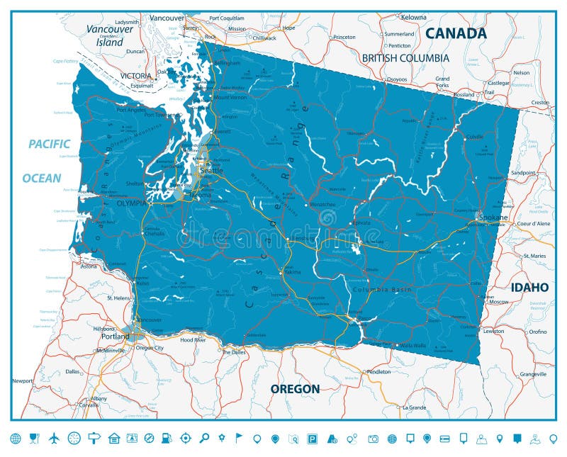 Map Washington Lakes Rivers Stock Illustrations – 1,438 Map Washington ...