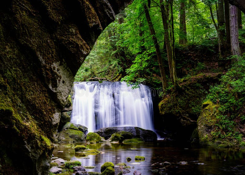Washington State Waterfall and Old Stone Bridge Stock Photo - Image of ...