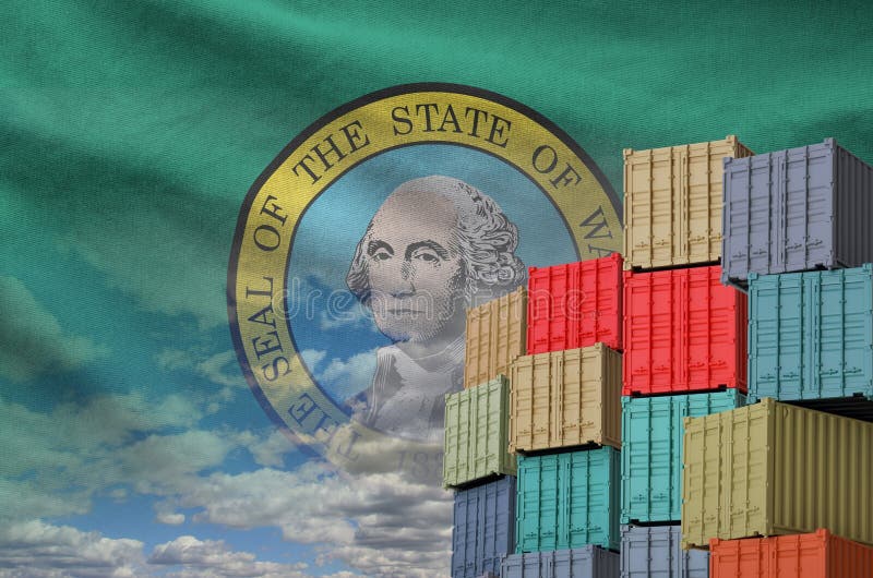 Washington US State Flag and Big Stack of Shipping Cargo Containers in ...
