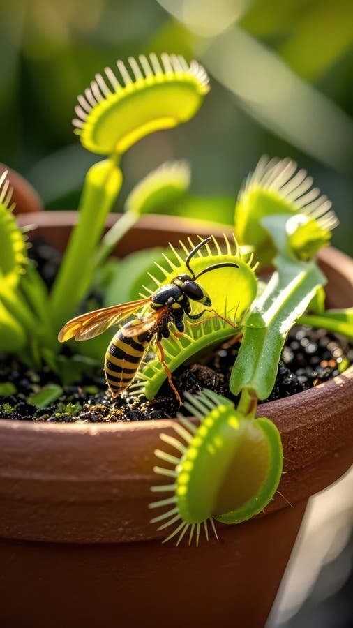 Wasp Entering a Venus Flytrap Plant in Pot, Carnivorous Garden Stock ...