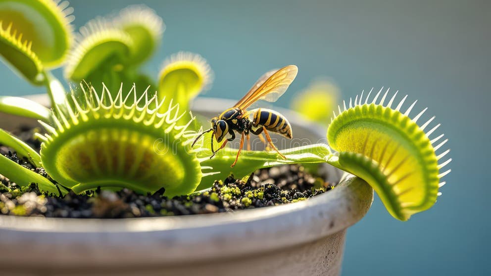 Wasp Exploring Venus Flytrap Dangerous Encounter in a Home Garden Setting Stock Illustration ...