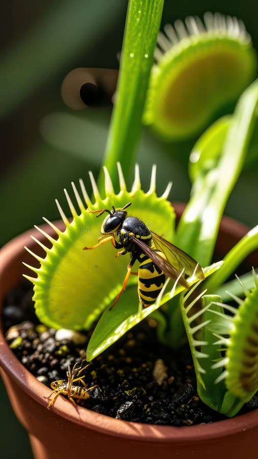 Wasp Trapped by Venus Flytrap Carnivorous Plant Close-up in Pot Stock Illustration ...