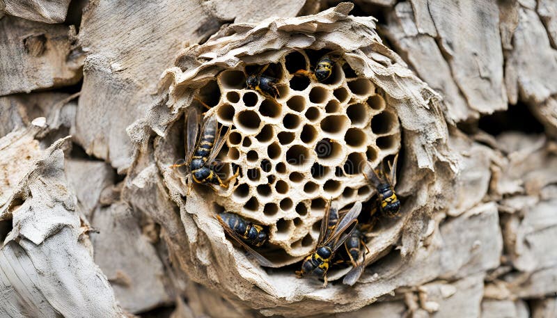 Wasps Tending To Their Nest in a Hollow Tree Stock Illustration ...