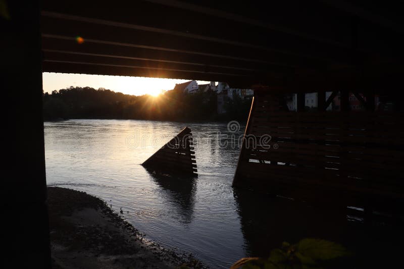 WASSERBURG am INN, GERMANY - MAY 30, 2025: Sunset View of the Inn River ...
