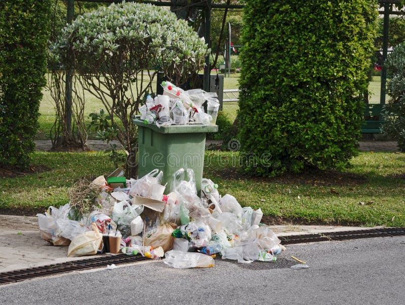 Waste Bin and Overflowing Garbage on Street Stock Photo - Image of ...