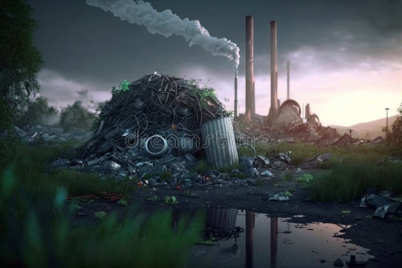 Waste Dump Concept, Pile of Garbage and Factory Smoke. AI Generative ...
