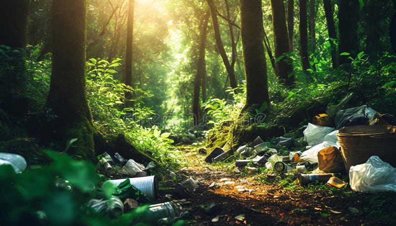 Waste and Garbage on the Grass in Green Forest Stock Illustration ...