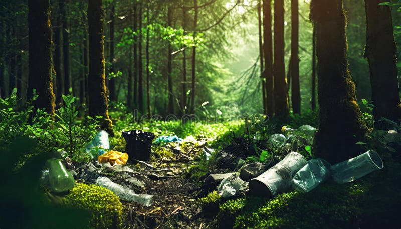 Waste and Garbage in Green Forest Stock Illustration - Illustration of ...
