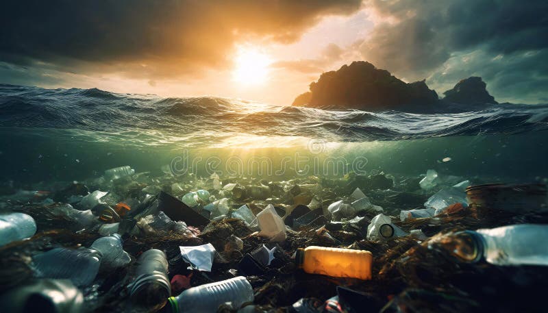 Waste and Garbage Under the Blue Ocean Stock Illustration ...