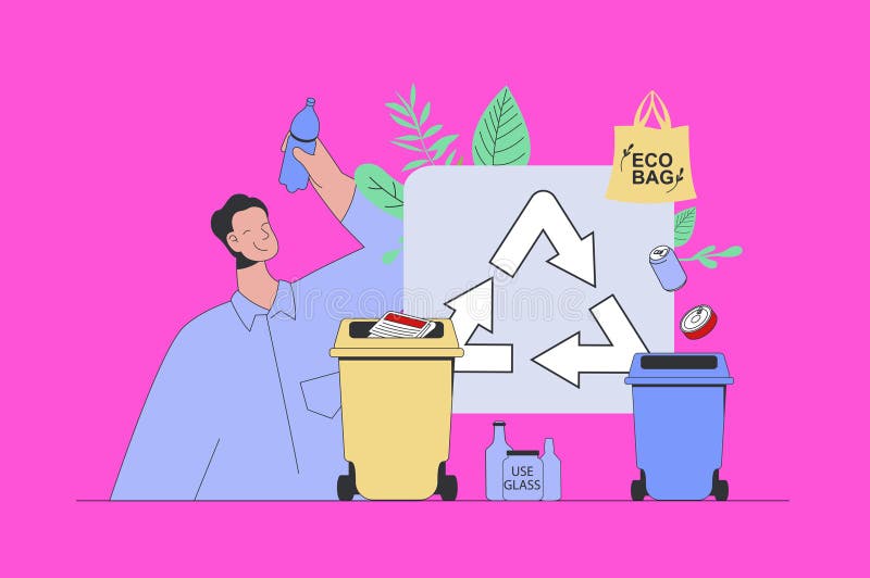 Waste Management Concept in Modern Flat Design for Web. Man Collecting ...