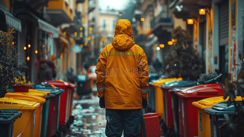 Waste Management Worker in Yellow Uniform among Recycling Bins, View ...