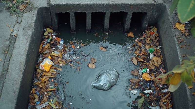 Waste and Pollution in Clogged Drainage System with Trash and Leaves ...