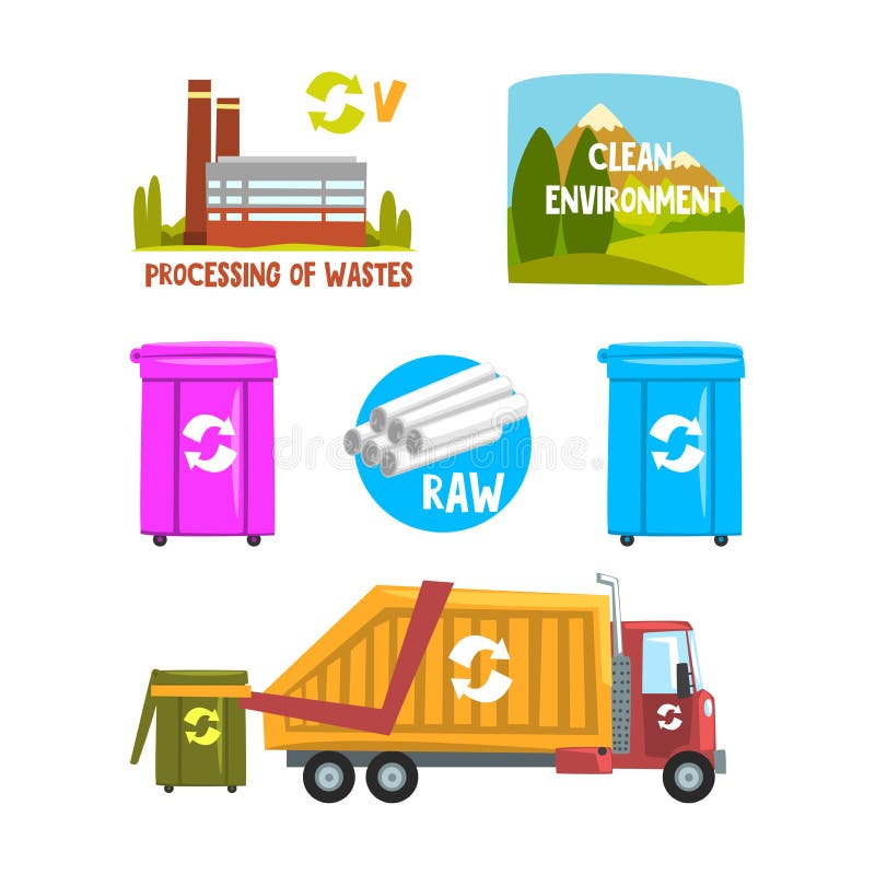 Waste Processing with Recycle Dustbin, Industrial Plant and Dump Truck ...