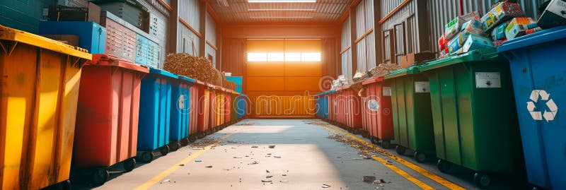 Waste Recycling Center Background with Labeled Containers for Different ...