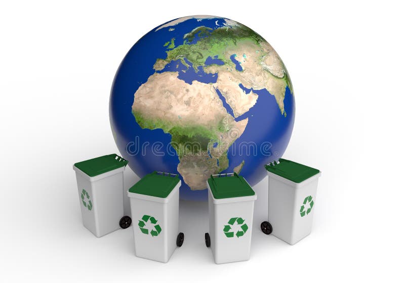 Waste Recycling Concept with the Planet Earth and Garbage Cans Around ...