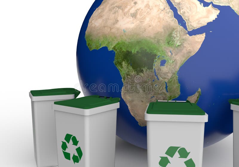 Waste Recycling Concept with the Planet Earth and Garbage Cans Around ...