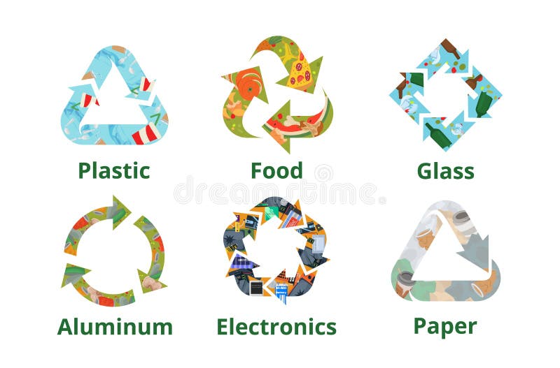 Waste Recycling Emblem Set Vector Flat Ecology Safety Garbage Sorting ...
