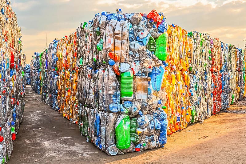 Waste Recycling Facility Showcasing Stacks of Plastic Bottles Stock ...