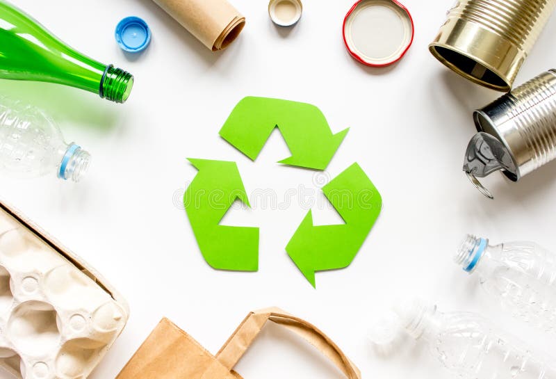 Waste Recycling Symbol with Garbage on White Background Top View Stock ...