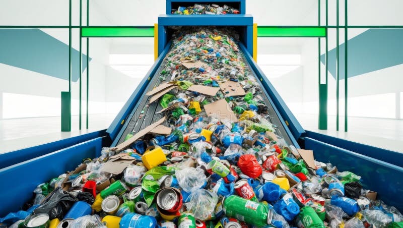 Waste Sorting Facility with a Conveyor Belt Filled with Recyclables ...