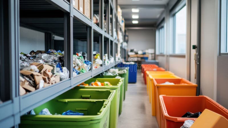 Waste Sorting Facility Featuring Colorful Bins and Shelving Units Stock ...
