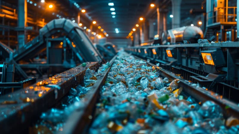 Waste Sorting Facility Operates at Nighttime with Illuminated Conveyor ...