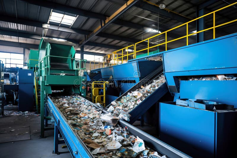 Waste Sorting Plant. Many Different Conveyors and Bins. Conveyors ...