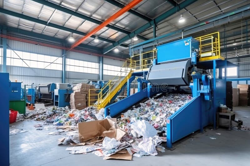 Waste Sorting Plant. Many Different Conveyors and Bins. Conveyors Filled with Various Household ...