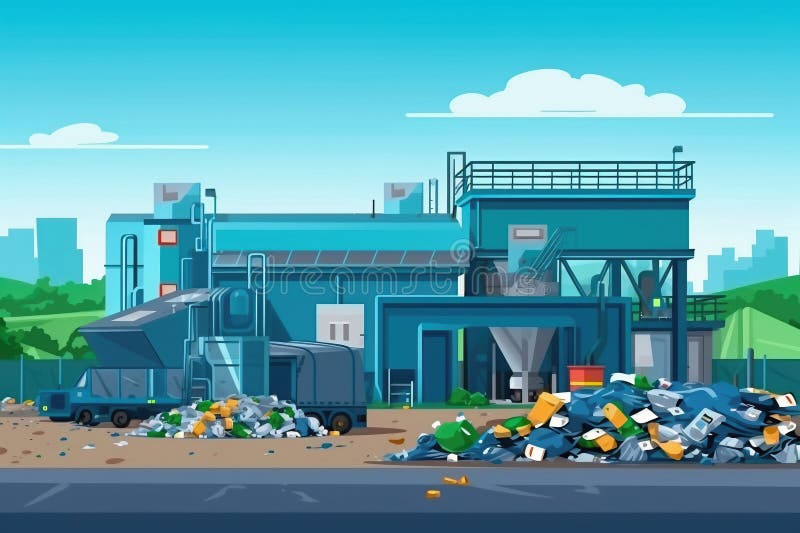 Waste Sorting Plant. Stylized Illustration. Conveyors Filled with ...