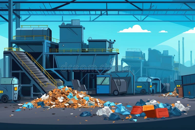 Waste Sorting Plant. Stylized Illustration. Conveyors Filled with ...